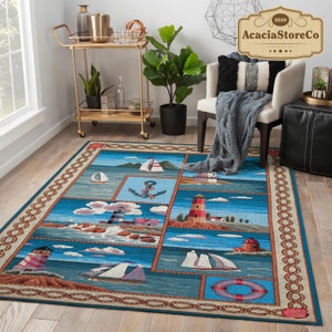 Anchor and Lighthouse Area Rug, Anchor Carpet, Lighthouse Rug, Holiday ...
