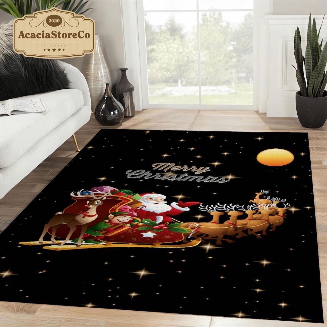 Merry Christmas Rug, Santa Claus With Reindeer Christmas Rectangle Rug ...