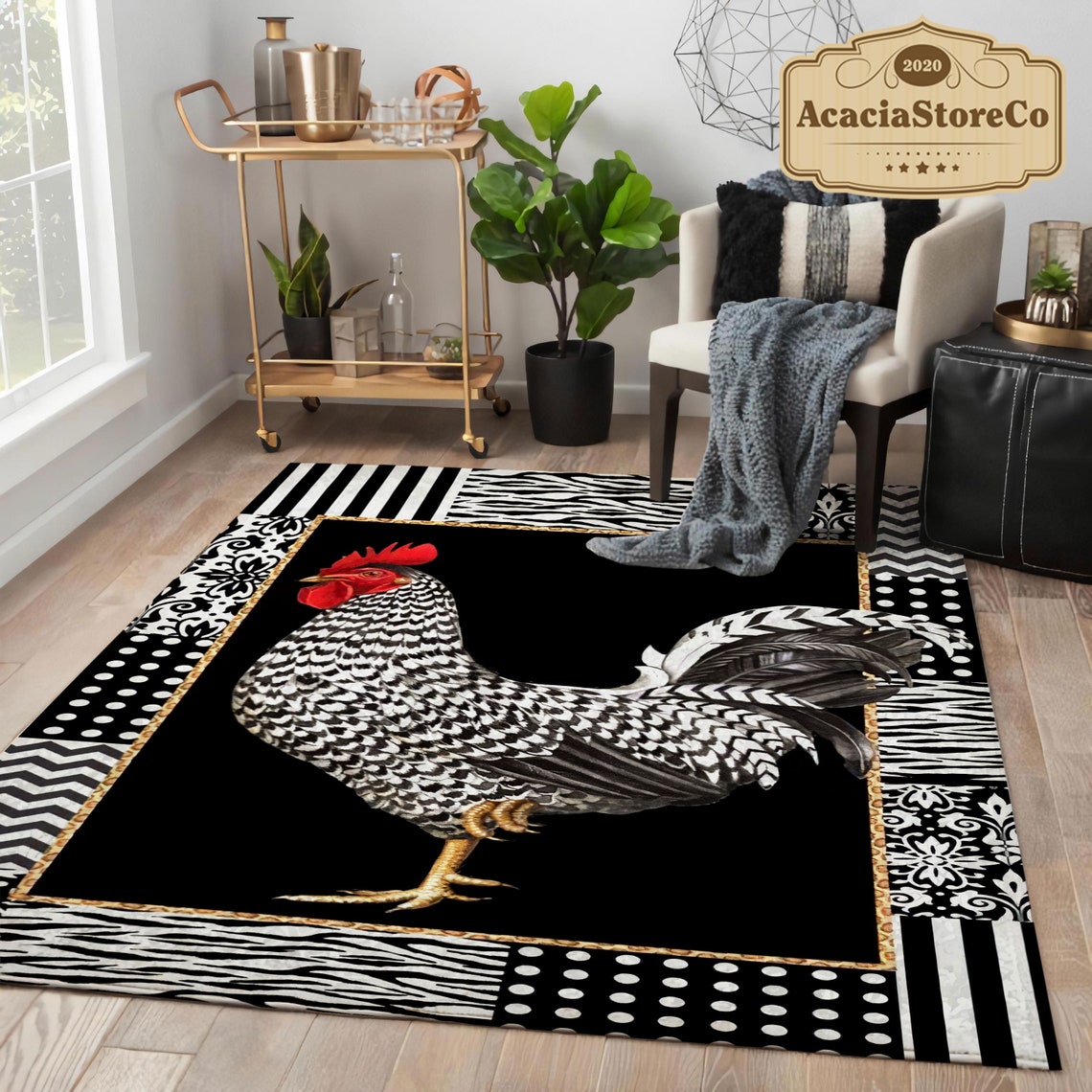 Black and White Red Rooster Area Rug Rooster Carpet Large - Etsy