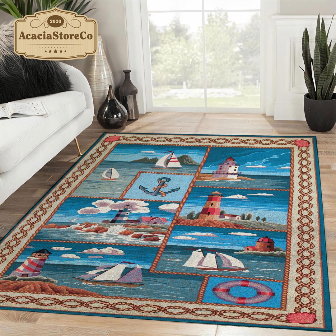 Anchor and Lighthouse Area Rug, Anchor Carpet, Lighthouse Rug, Holiday ...