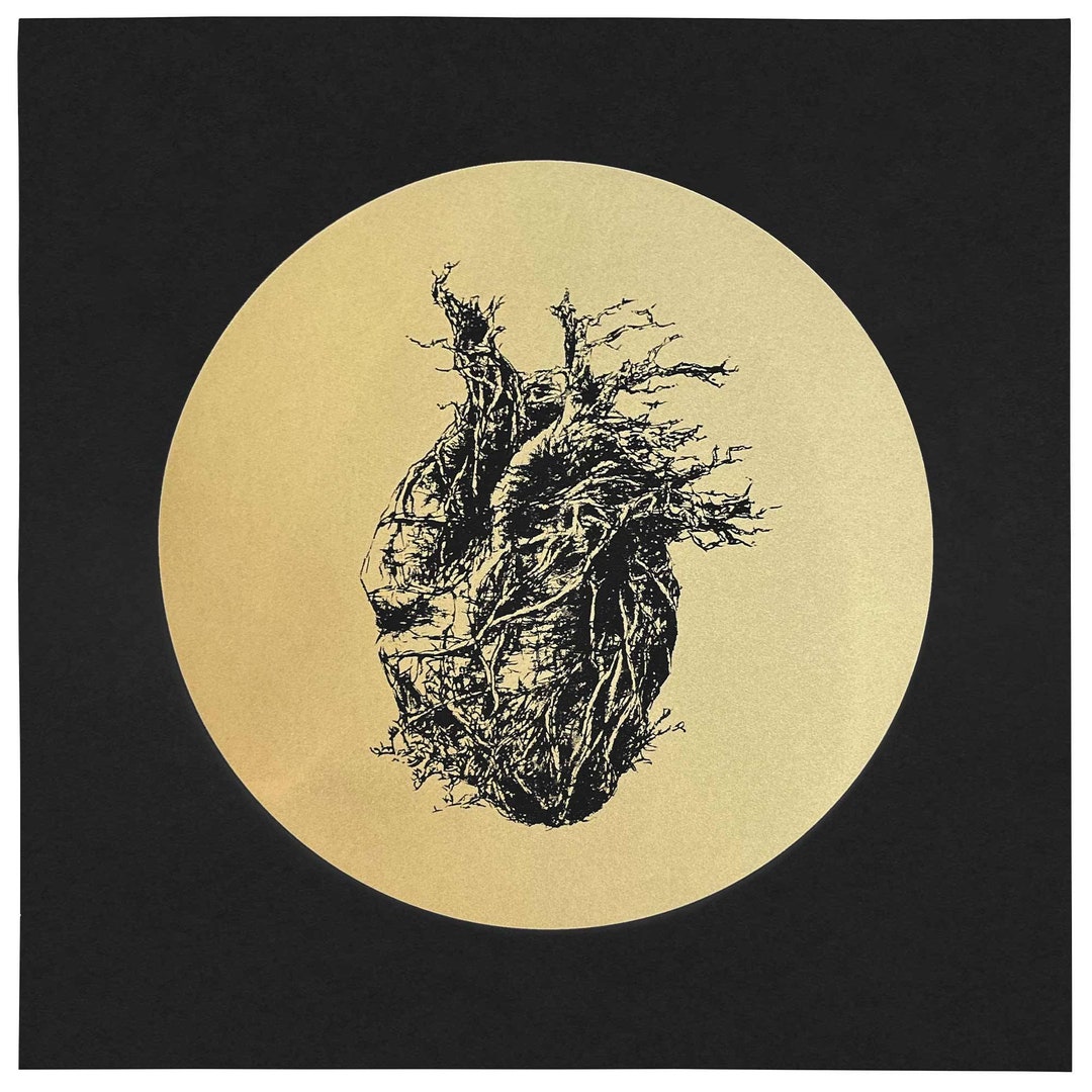 Black and Gold Screenprint Anatomical Organic Nature Tree Forest Heart ...