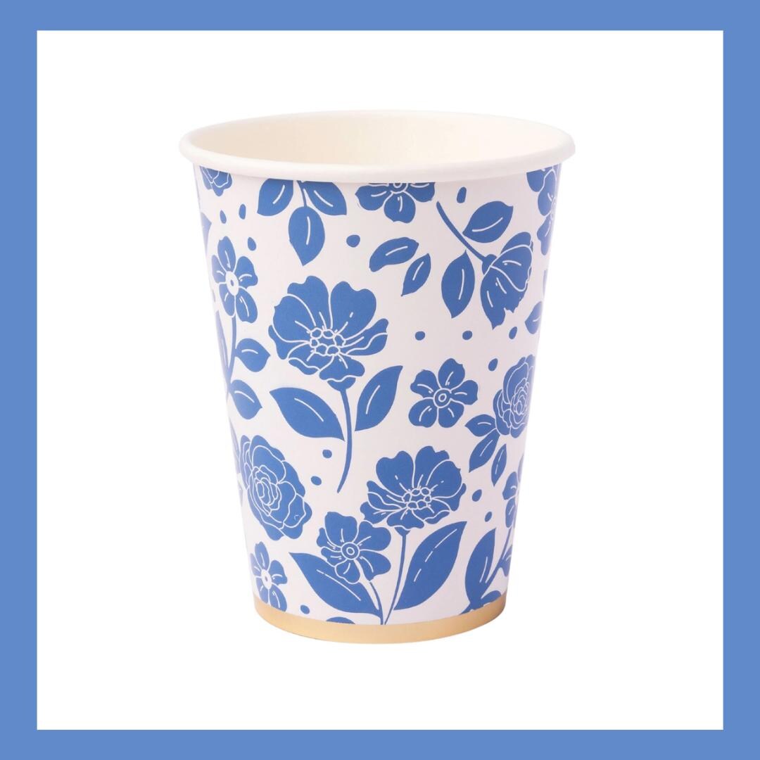 Blue Floral Paper Cups, 8ct | Bridal Shower Cups, Baby Boy Baby Shower ...