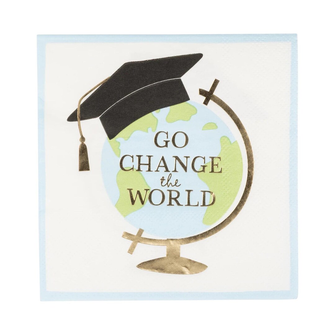 Change the World Graduation Napkins: Globe & Grad Cap, Gold Foil (18ct ...