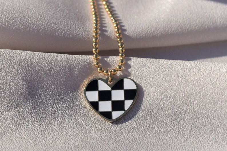 Checkered Necklace Black and White Heart Pendant Necklace - Etsy