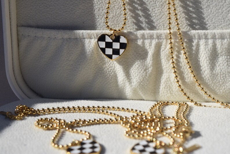 Checkered Necklace Black and White Heart Pendant Necklace - Etsy
