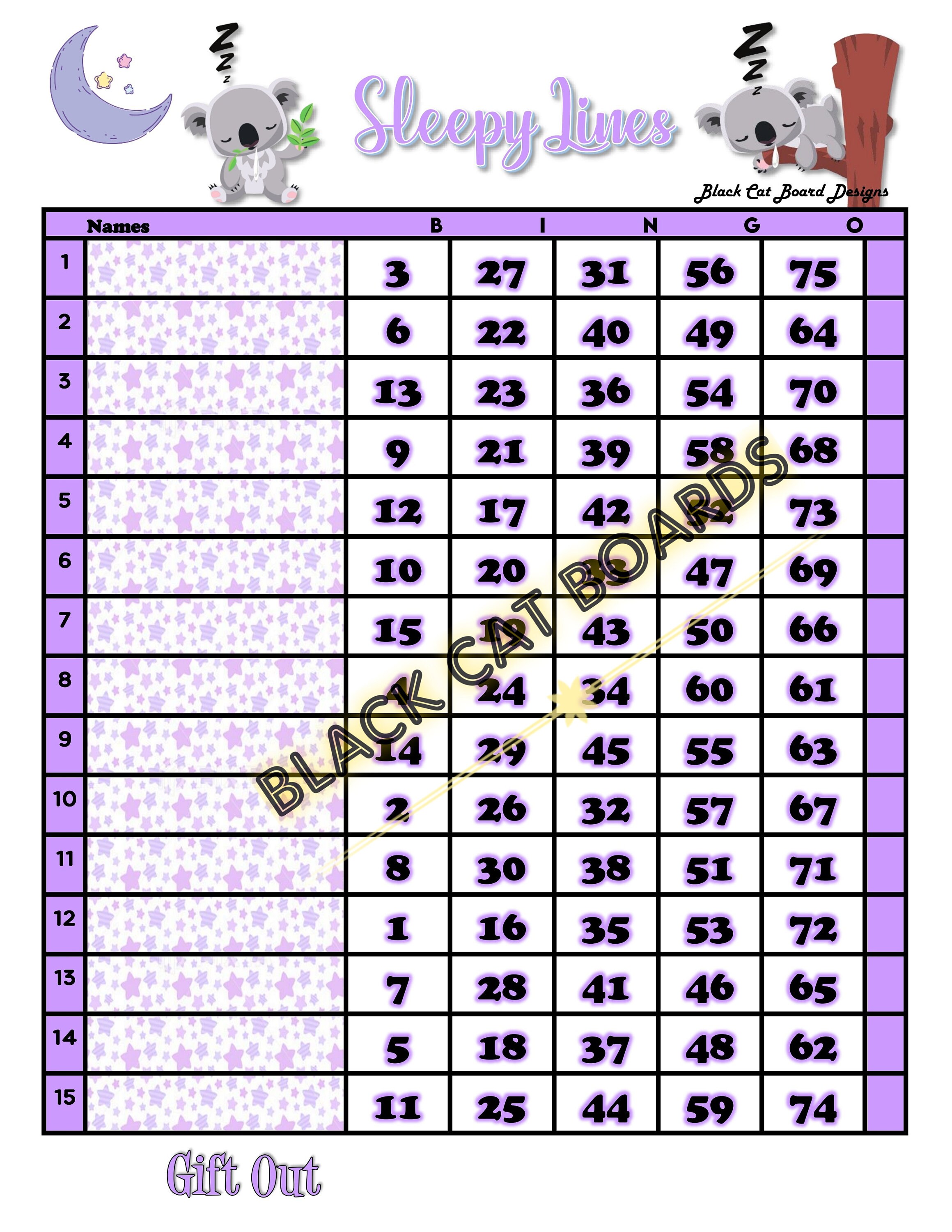2 Bingo Sheets Sleepy Lines 15 Line 75 Ball Mixed & Straight Boards ...