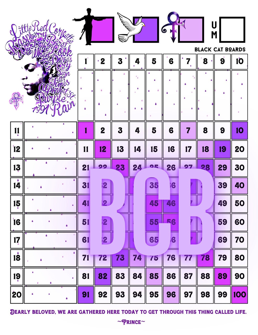 Prince Purple Ra!n 100 Ball Bingo Grid PDF DOWNLOAD - Etsy