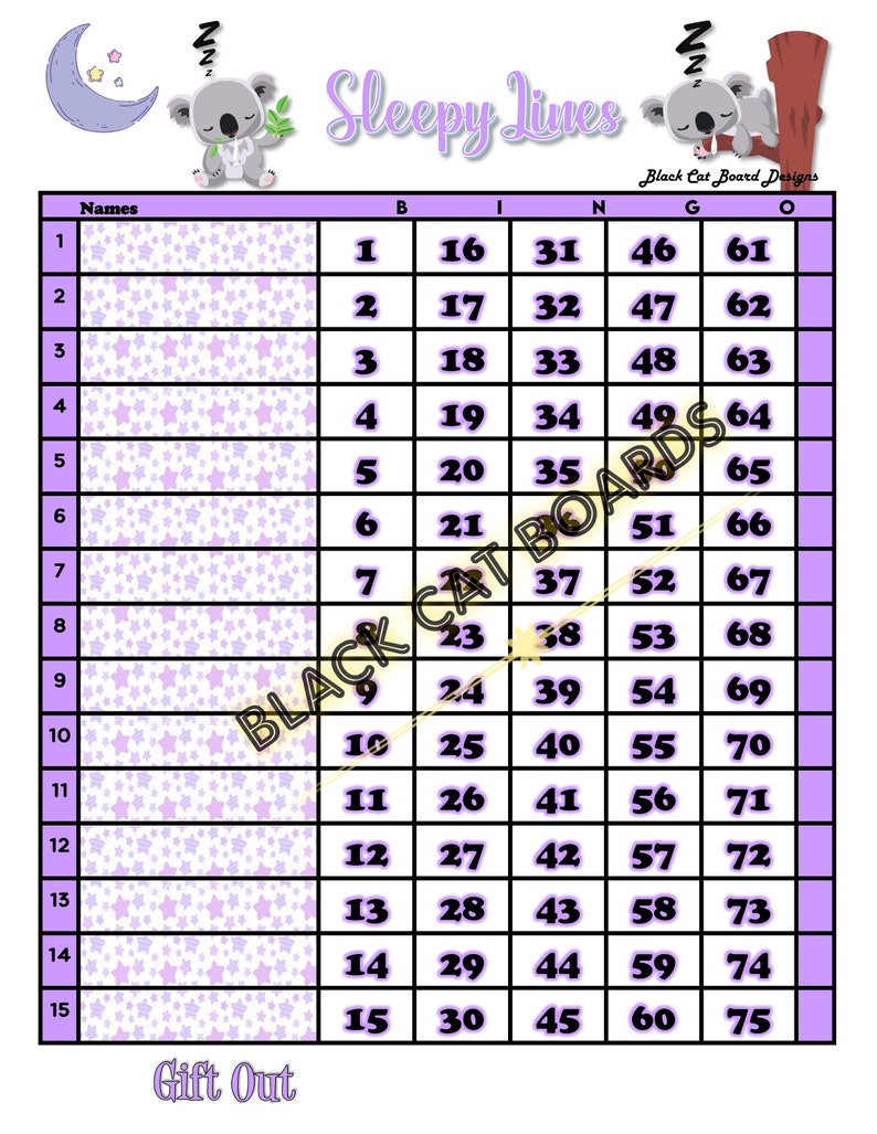 2 Bingo Sheets Sleepy Lines 15 Line 75 Ball Mixed & Straight Boards ...