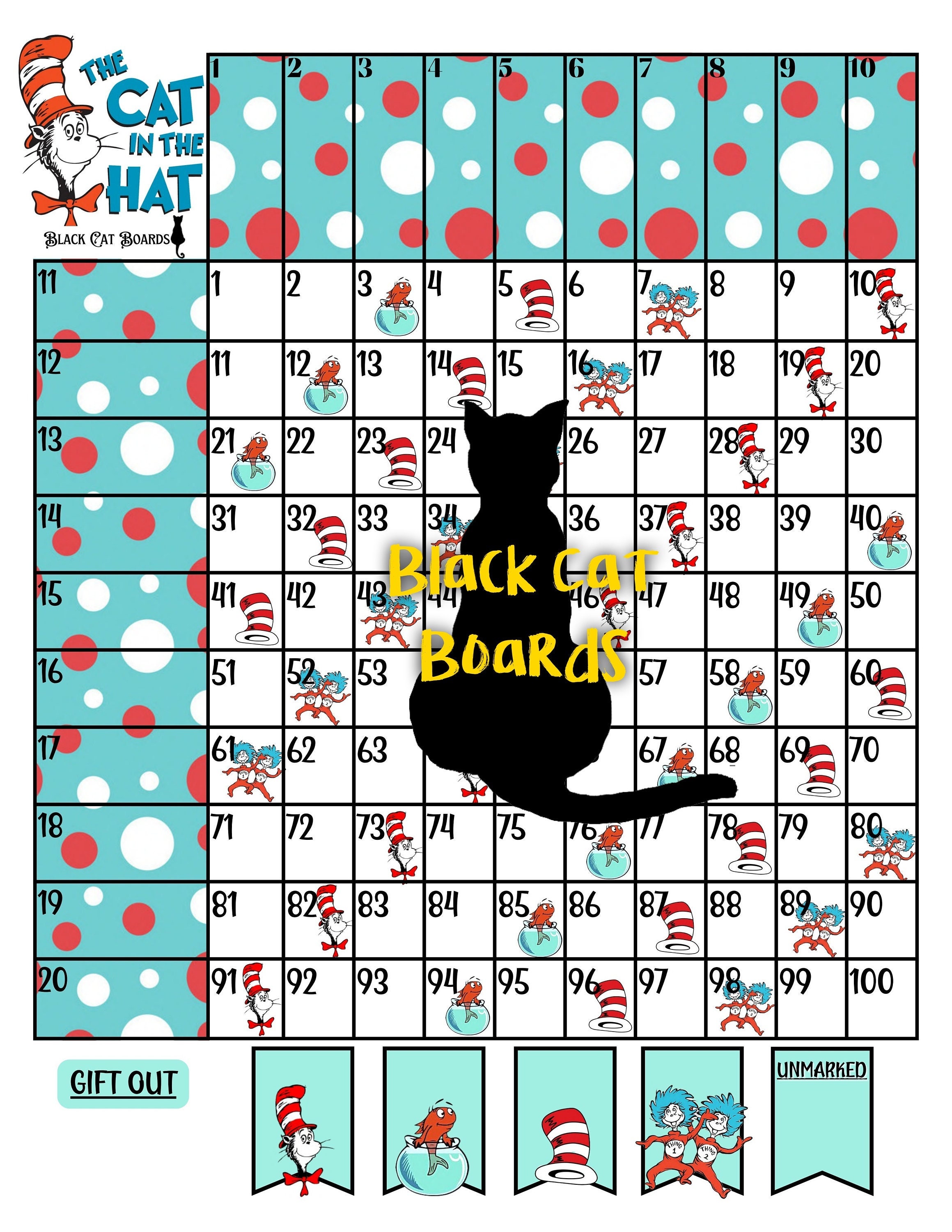 The Cat in the Hat 100 Ball Bingo Grid - Etsy