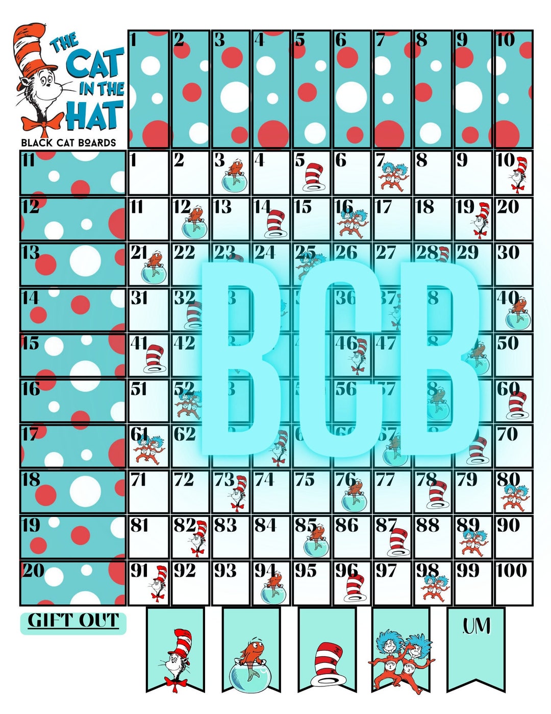 The Cat in the Hat 100 Ball Bingo Grid PDF DOWNLOAD - Etsy