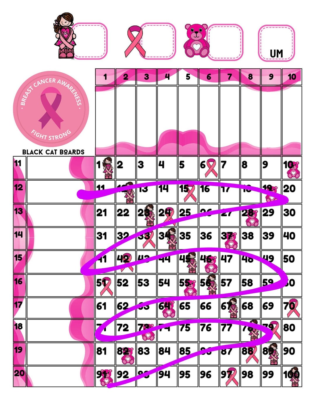 Pink Ribbon Breast Cancer 100 Ball Bingo Grid - Etsy