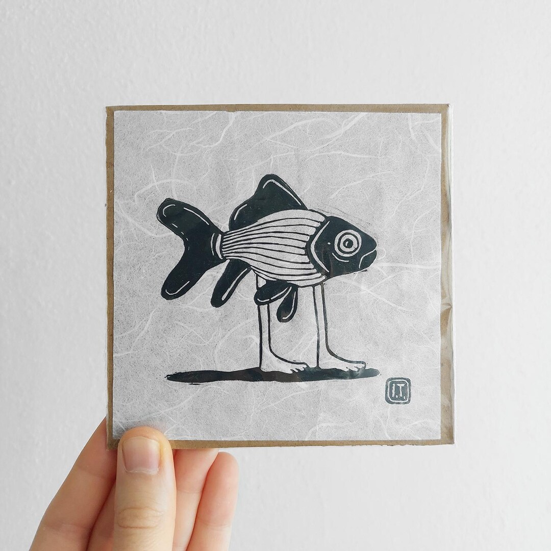Walking Fish Linocut Print - Linocut - Handprinted Illustration - Etsy