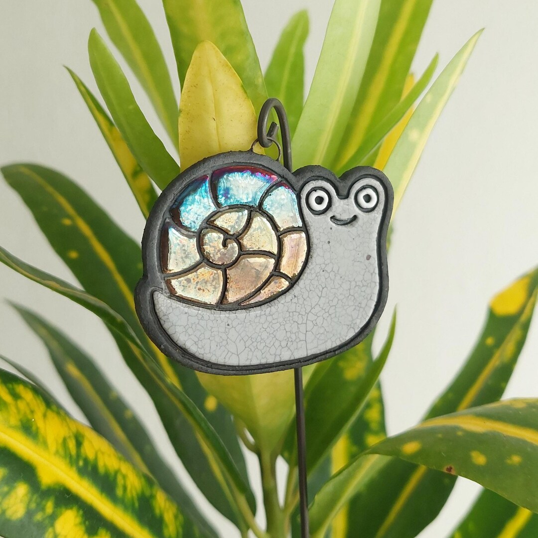 Rainbow Snail Plant Stake - Iridescent Decor - Raku Ornament - Etsy