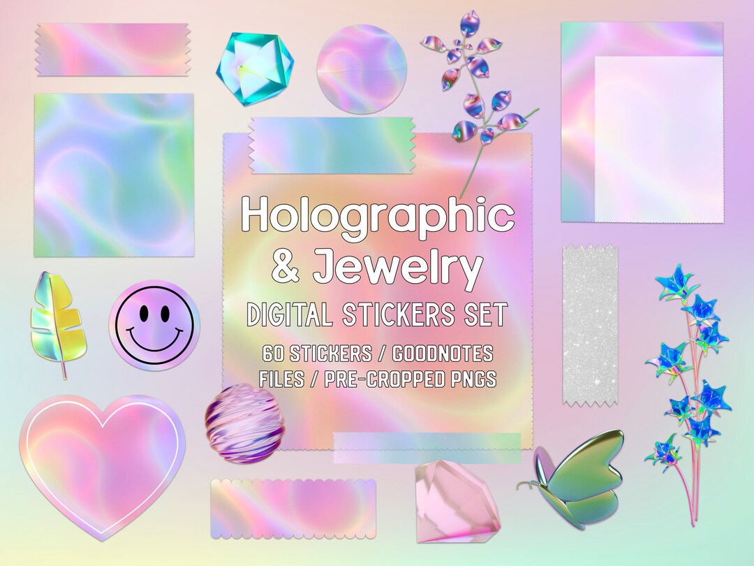 Holographic & Jewelry Digital Stickers Set - Sticky Notes, Washi Tapes ...