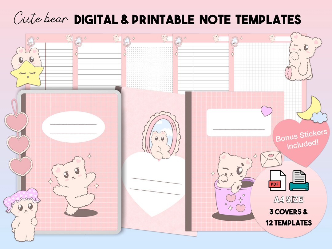 Cute Bear Digital Notes Template - A4 Size, Printable, Bonus Stickers ...