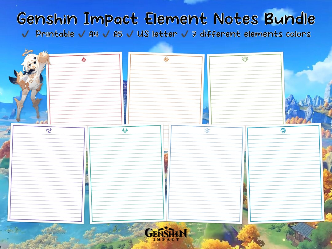 Genshin Impact Element Lined Notes 7 Printable, PDF, A4, US Leter Sizes ...