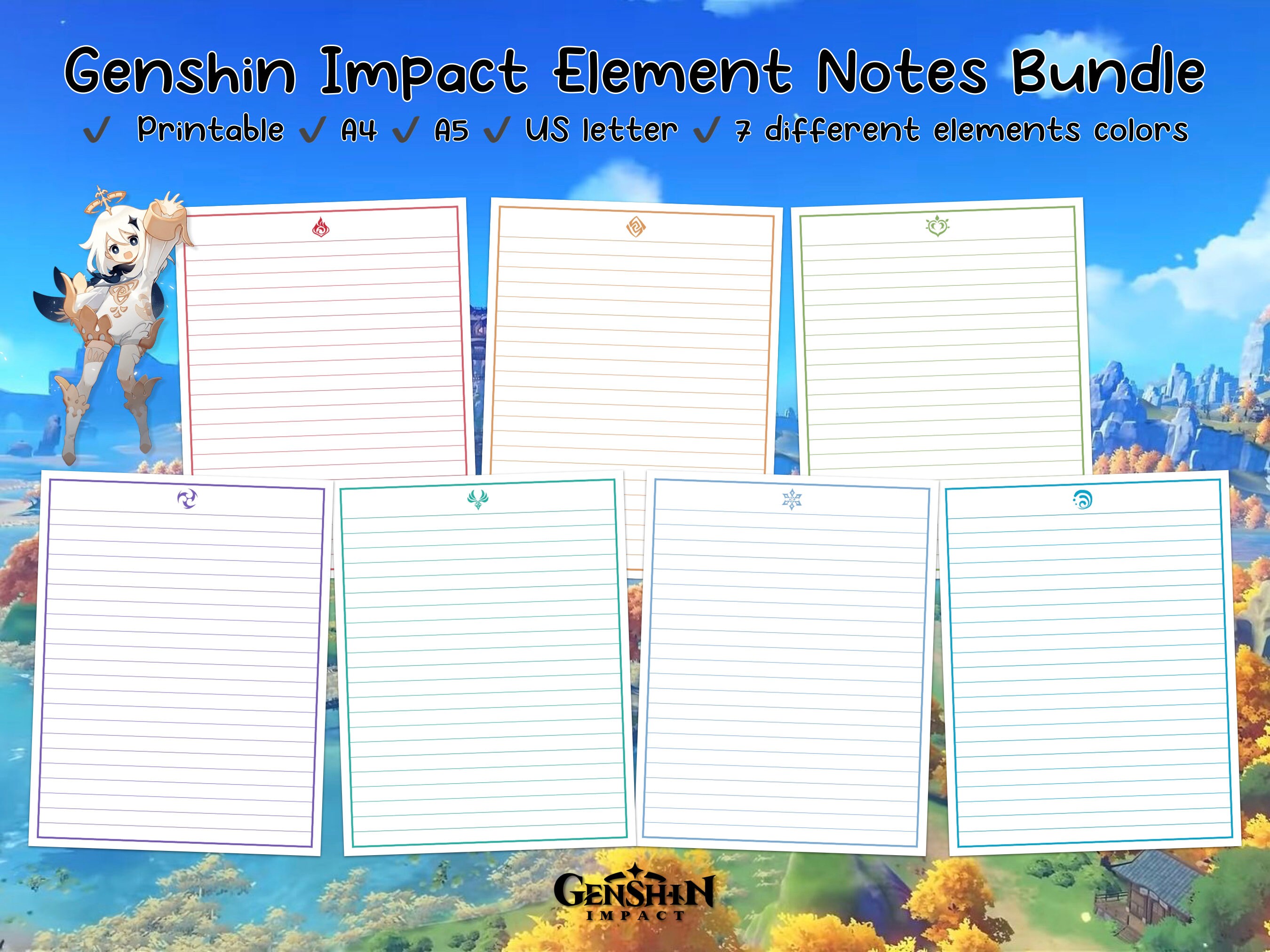 Genshin Impact Element Lined Notes 7 Printable PDF A4 US - Etsy
