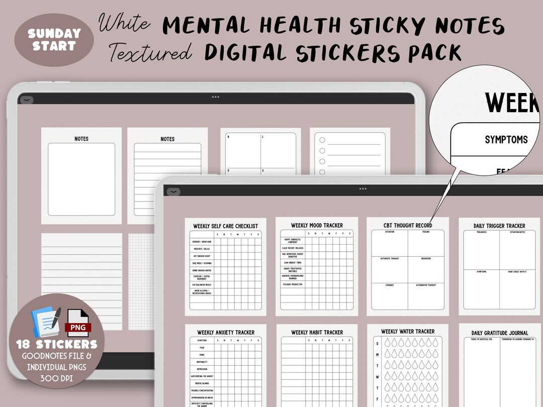 White Mental Health Tracker & Checklist Sticky Notes Digital Stickers ...