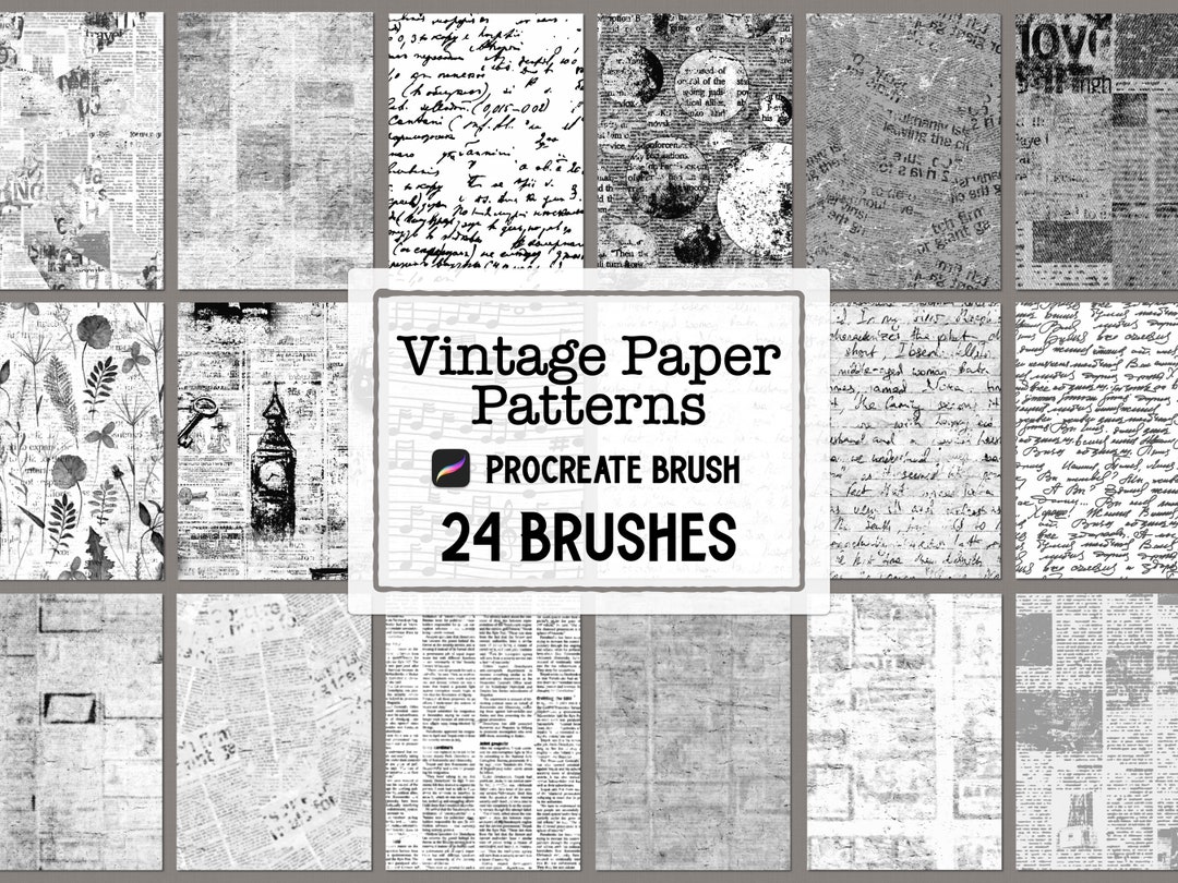 24 Vintage Paper Pattern Procreate Brush Set - Newspaper, Handwriting ...