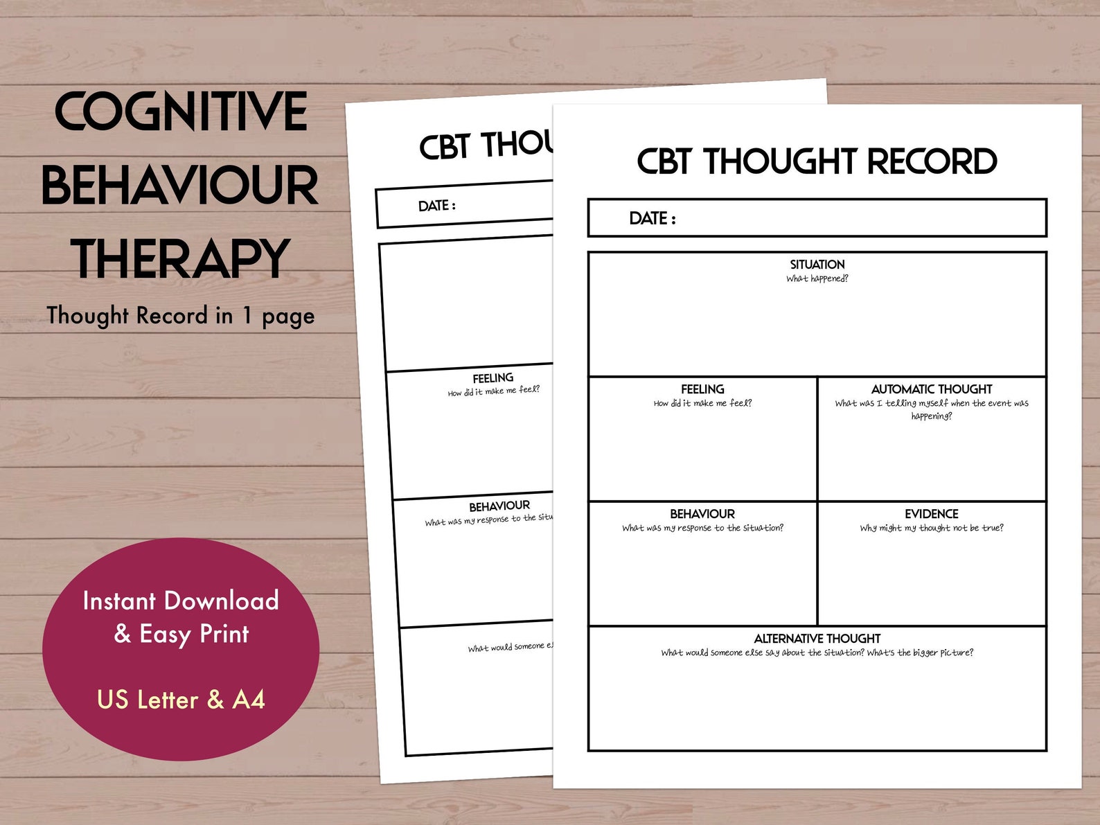 CBT Journal Thought Record Cognitive Behaviour Therapy - Etsy