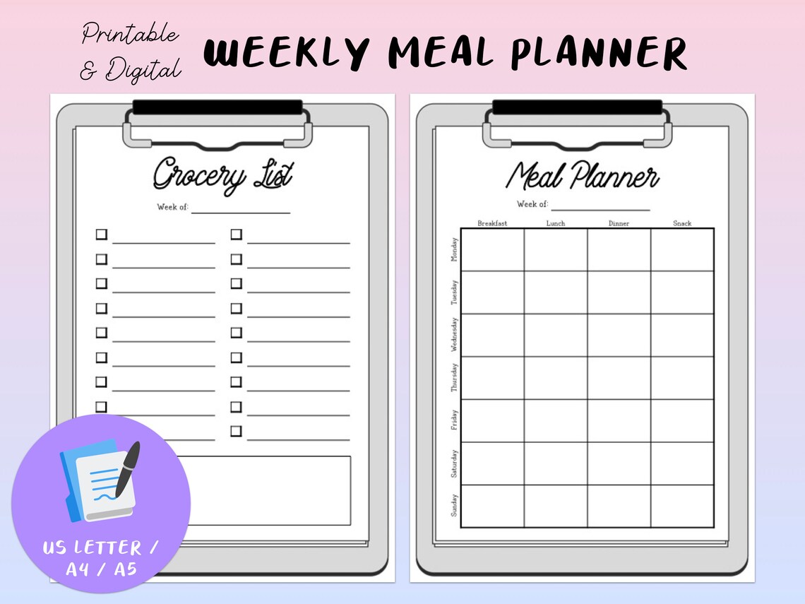 Weekly Meal Planner Printable Grocery Shopping List - Etsy