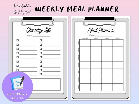 Weekly Meal Planner Printable Grocery Shopping List | Etsy