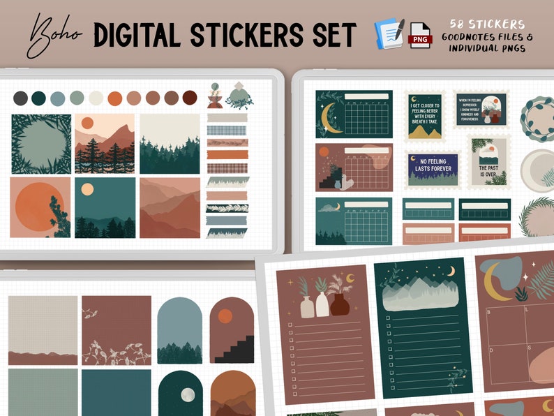 Boho Digital Stickers Set - Sticky Notes, Washi Tapes, Goodnotes File ...