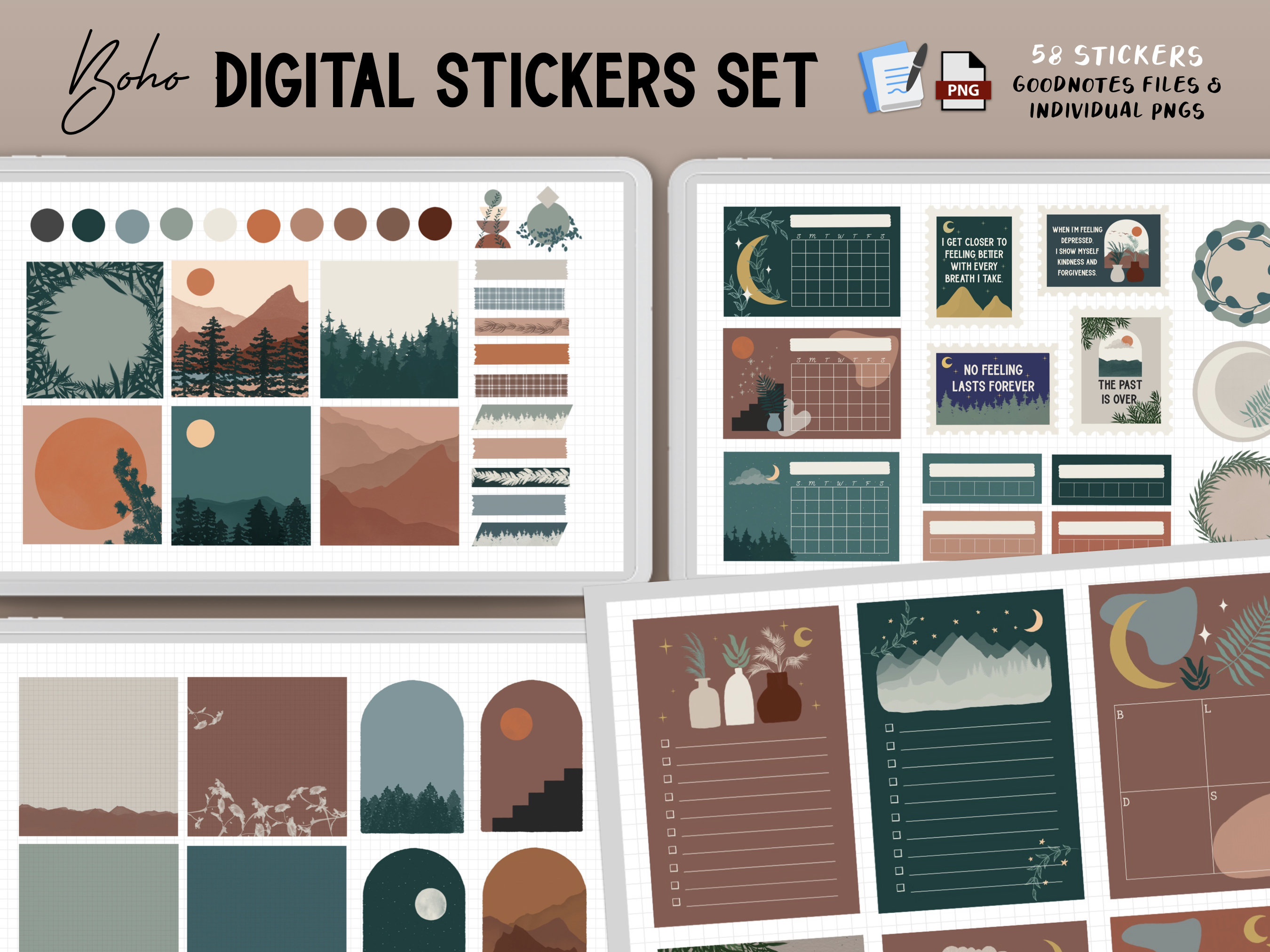 Boho Digital Stickers Set Sticky Notes Washi Tapes - Etsy