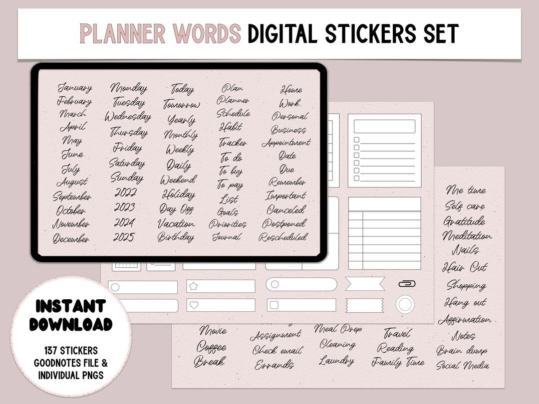 Planner Word & Sticky Notes Digital Stickers Set, Png, Goodnotes - Etsy