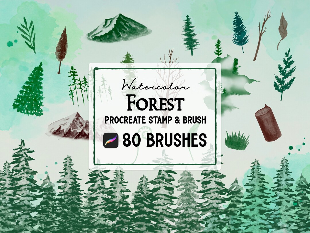 Watercolor Forest and Trees Stamp & Line Pattern Procreate Stamp Brush ...