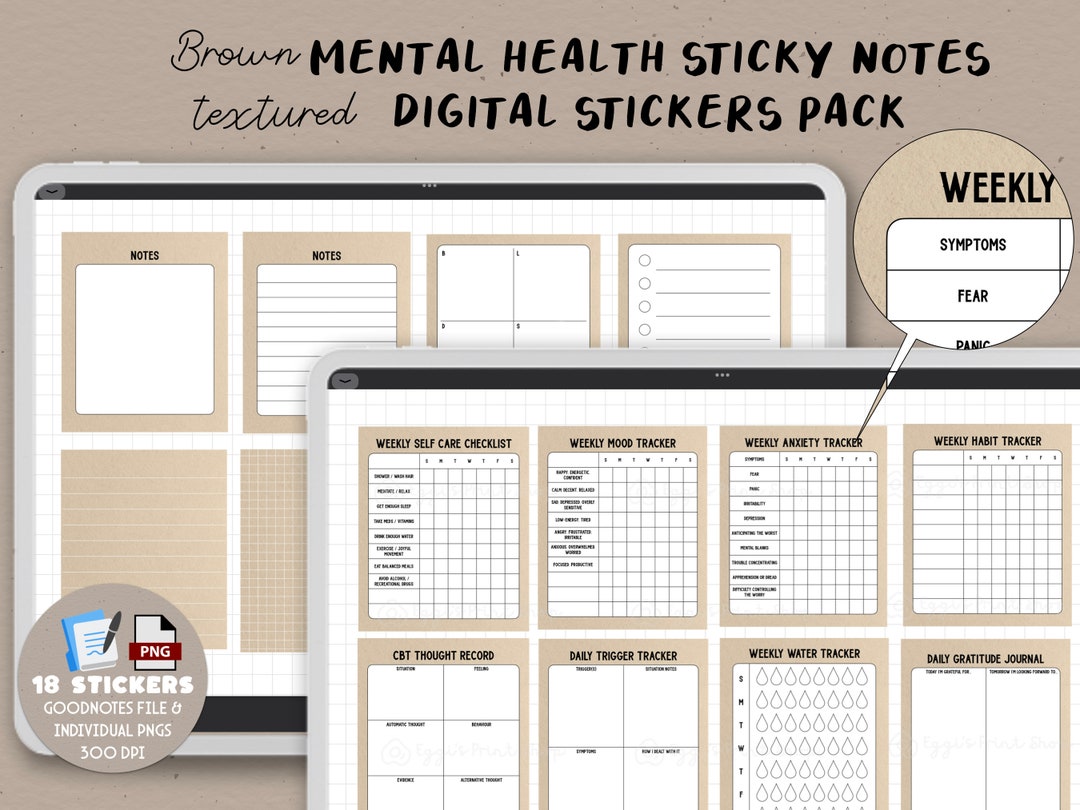 Brown Textured Mental Health Tracker & Checklist Sticky Notes Digital ...