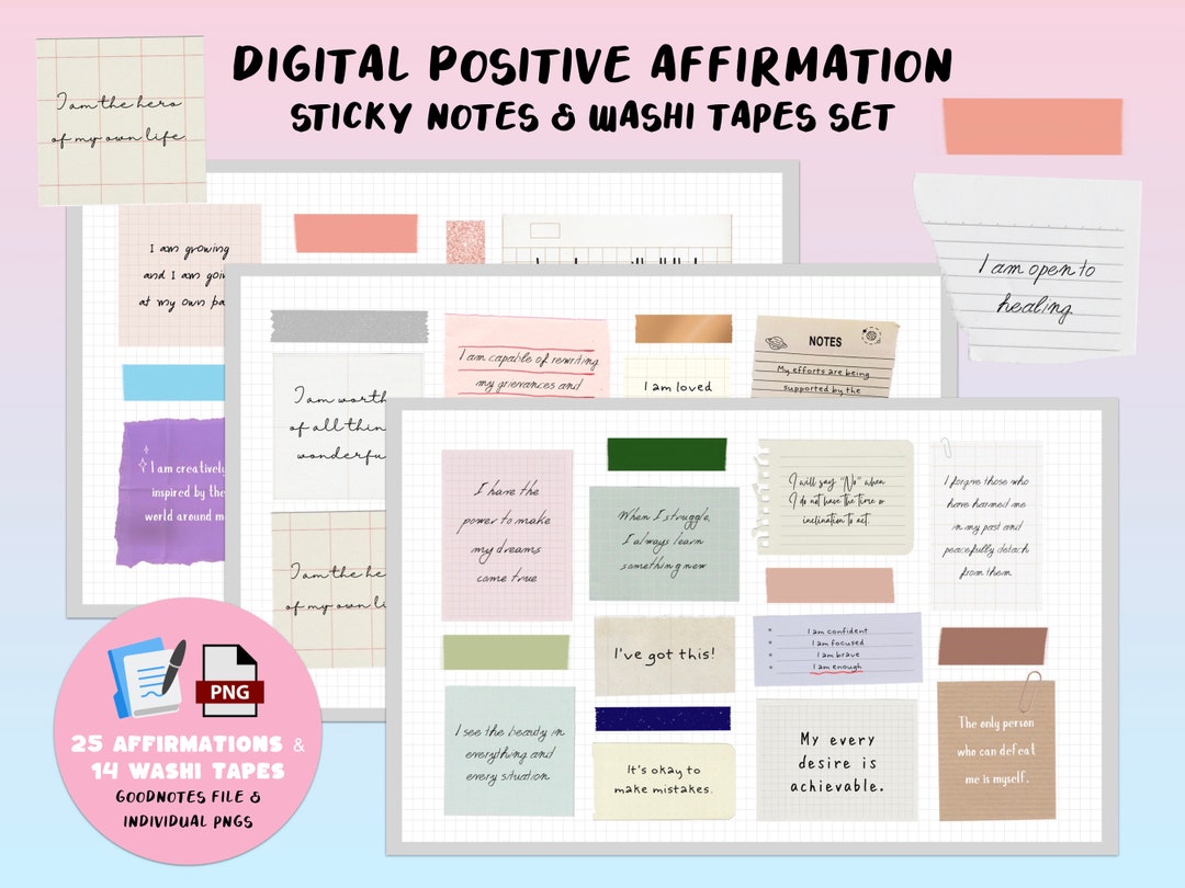 Positive Affirmation Digital Sticky Notes & Washi Tapes Stickers Bundle ...