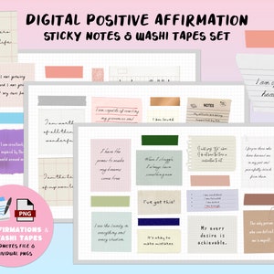 Positive Affirmation Digital Sticky Notes & Washi Tapes Stickers Bundle ...