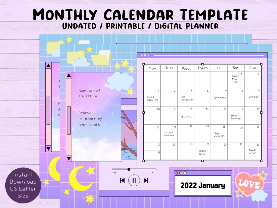 Kawaii Moon Monthly Calendar Undated - Cute, Whimsical, Computer, Stars ...