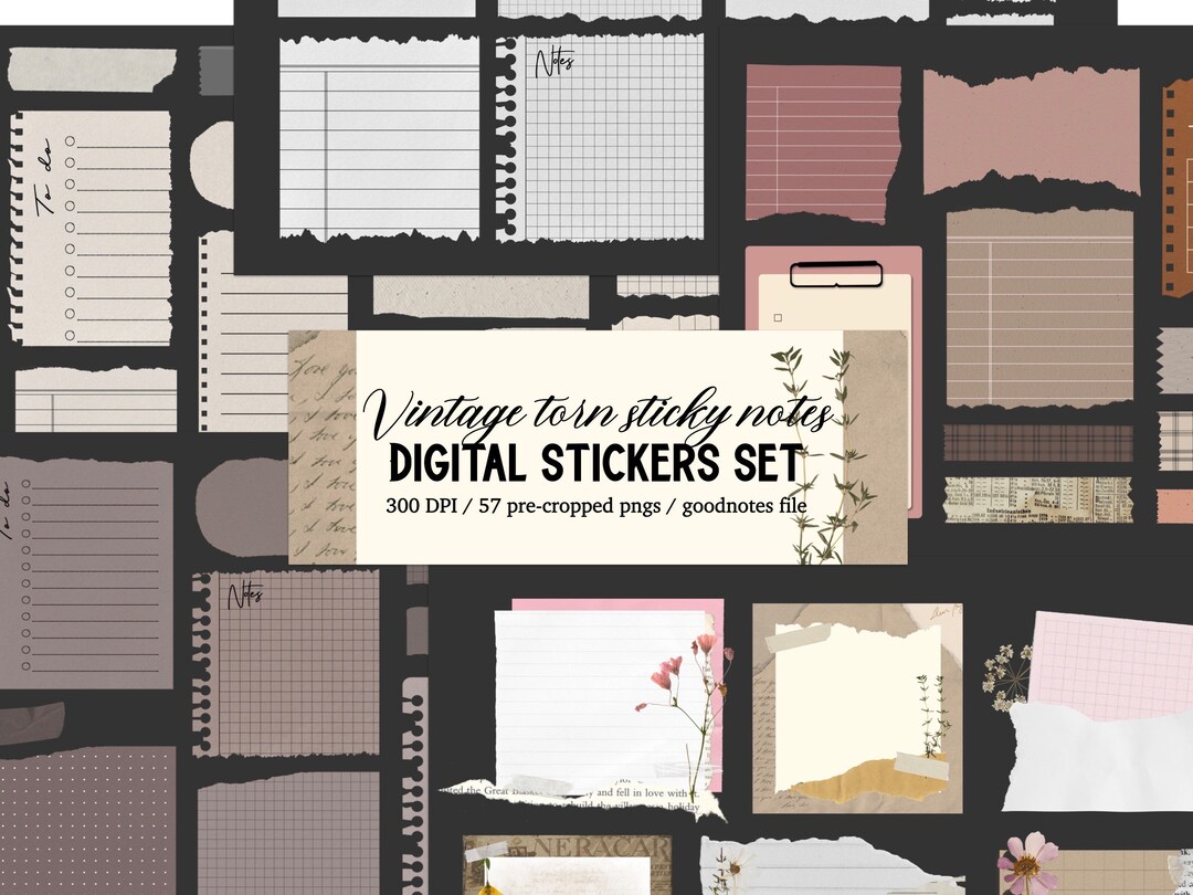 Vintage Torn Paper Digital Stickers Set - Sticky Notes, Washi Tapes ...