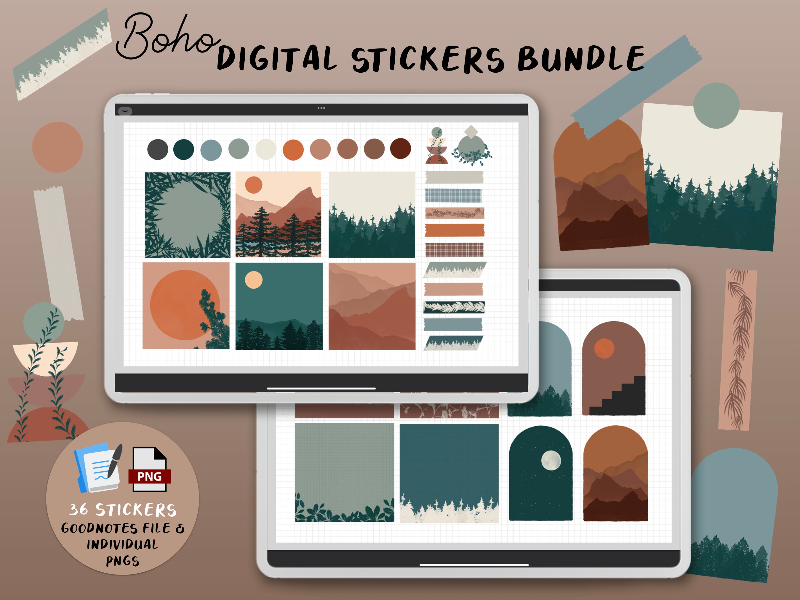Boho Digital Stickers Set Sticky Notes Washi Tapes | Etsy