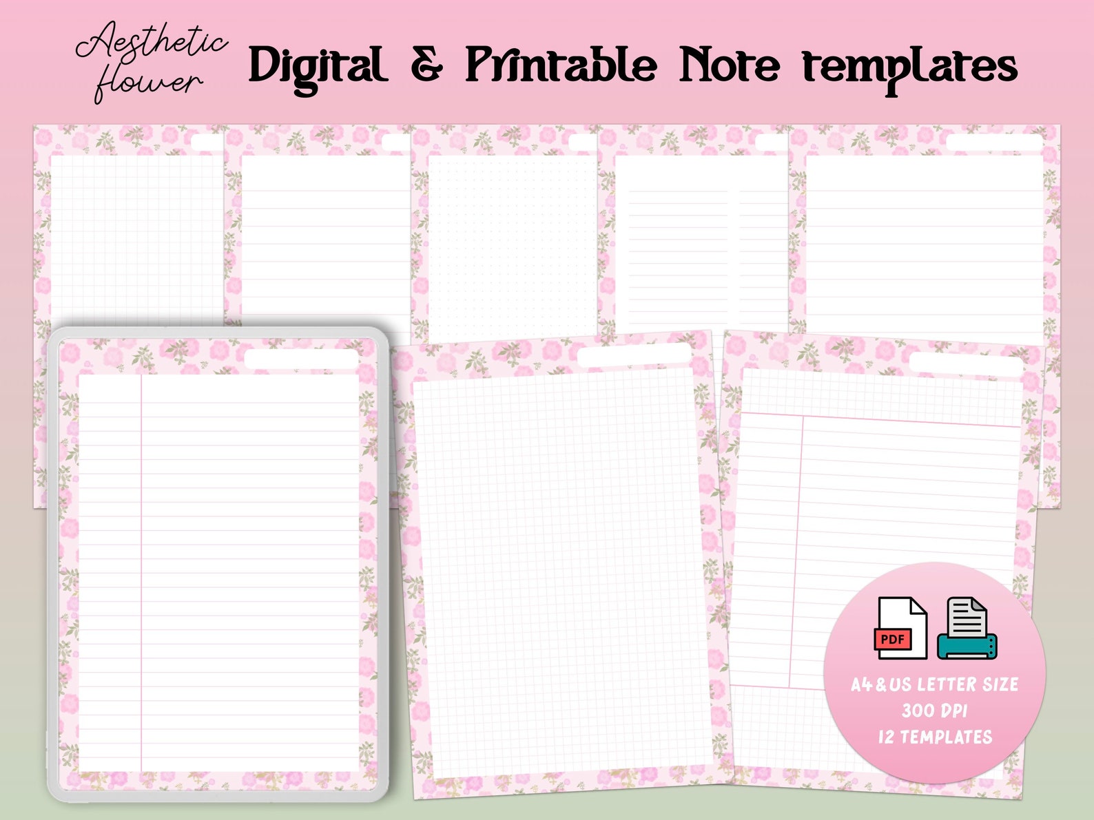 Aesthetic Flower Digital Notes Template Printable A4 US | Etsy