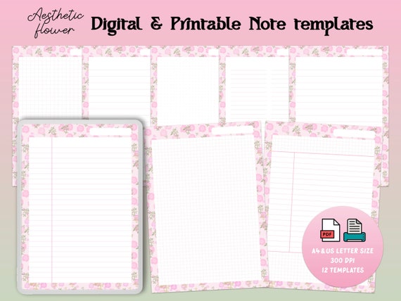 Aesthetic Flower Digital Notes Template Printable A4 US | Etsy