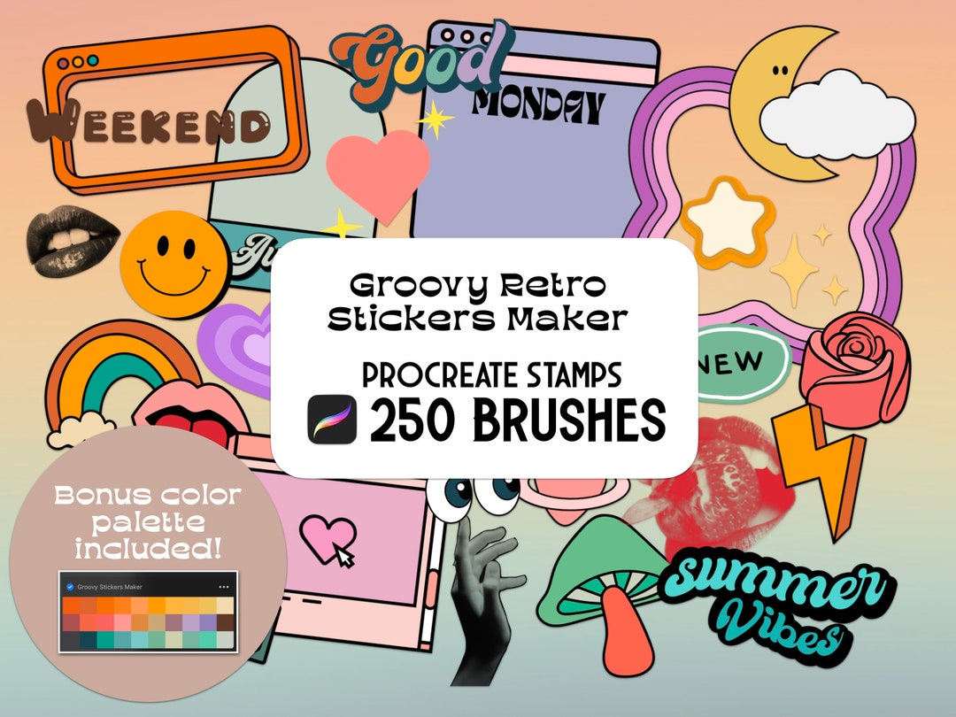Groovy Retro Stickers Maker Procreate Stamp Brush Set - Etsy