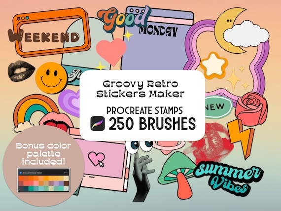 Groovy Retro Stickers Maker Procreate Stamp Brush Set - Etsy