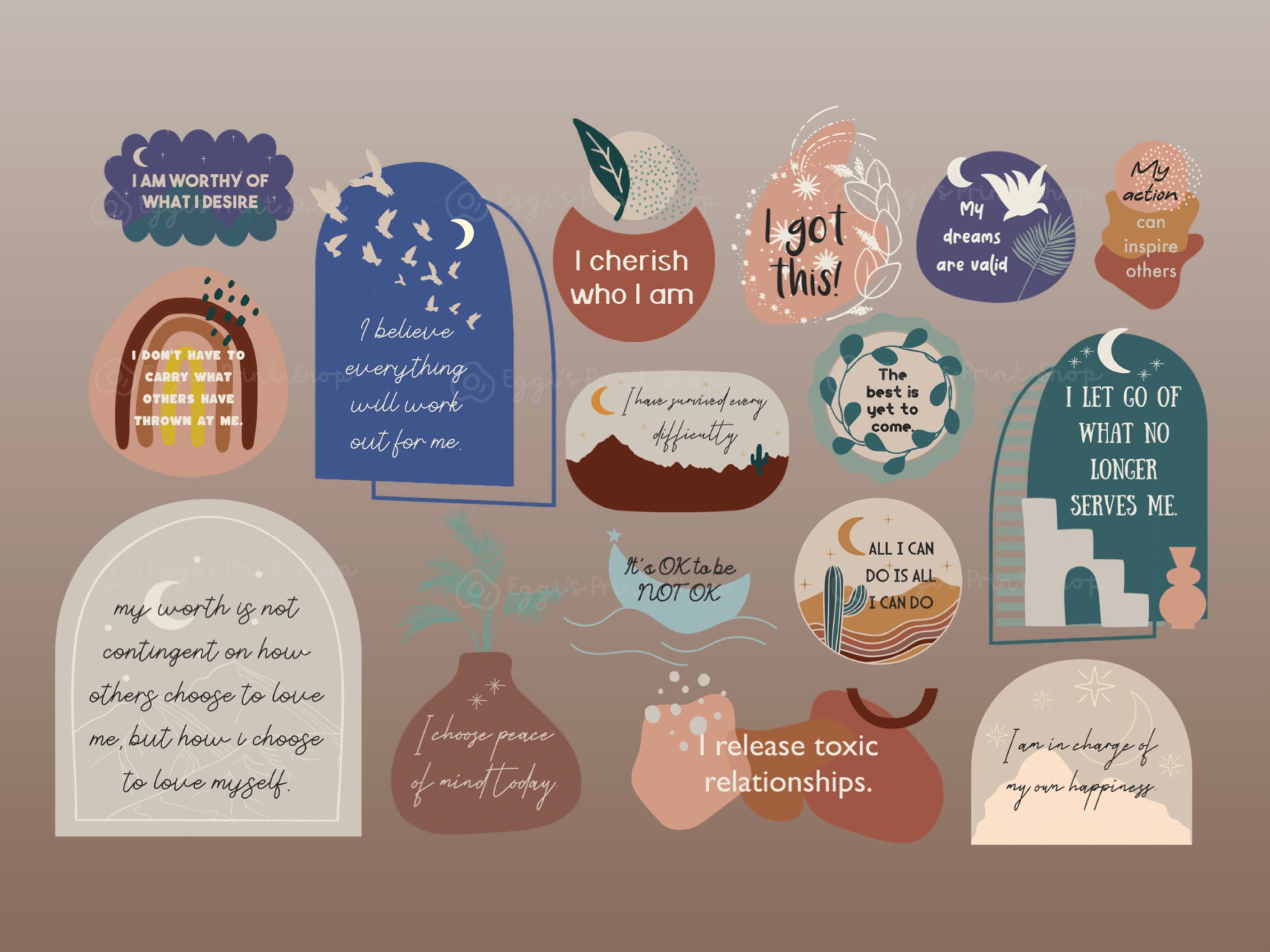Boho Positive Affirmation Digital Stickers Set - Goodnotes, PNG - Etsy