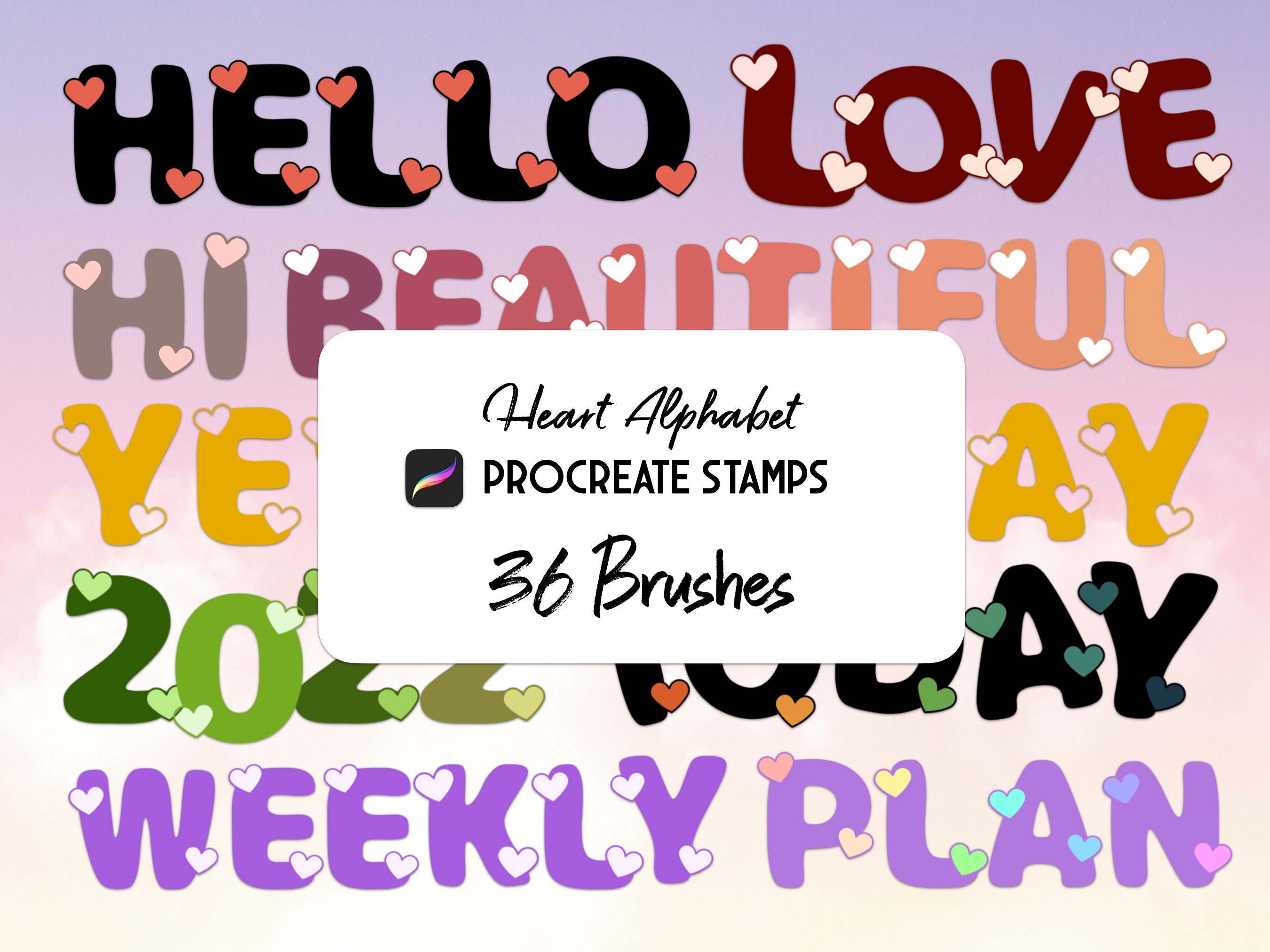 36 Cute Heart Alphabet Procreate Stamp Brush Set - Etsy