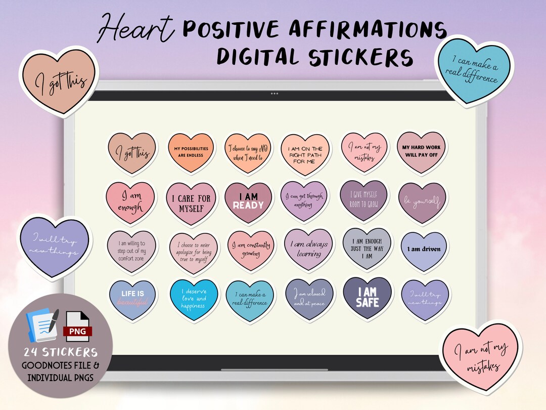 Heart Positive Affirmation Digital Stickers Bundle - Goodnotes File ...