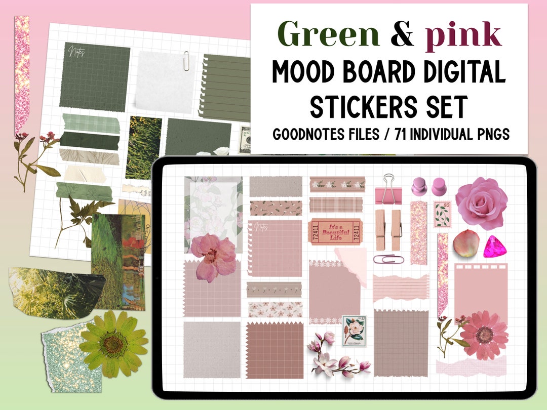 Mood Board Digital Stickers Set Green & Pink Sticky Notes, Washi Tapes ...