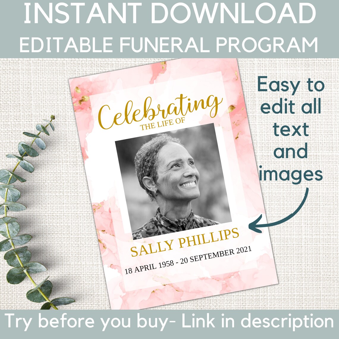Editable Funeral Template PINK, Modern Funeral for Woman, Celebration ...