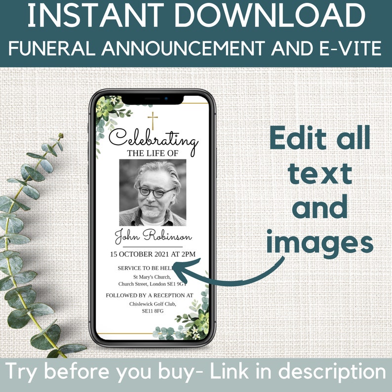 Celebration of Life Digital Funeral Invite and Printable Funeral ...