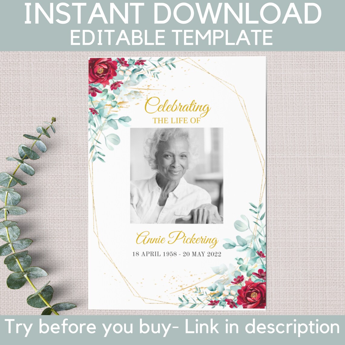 Editable Funeral Program Template, Red Floral. in Loving Memory ...