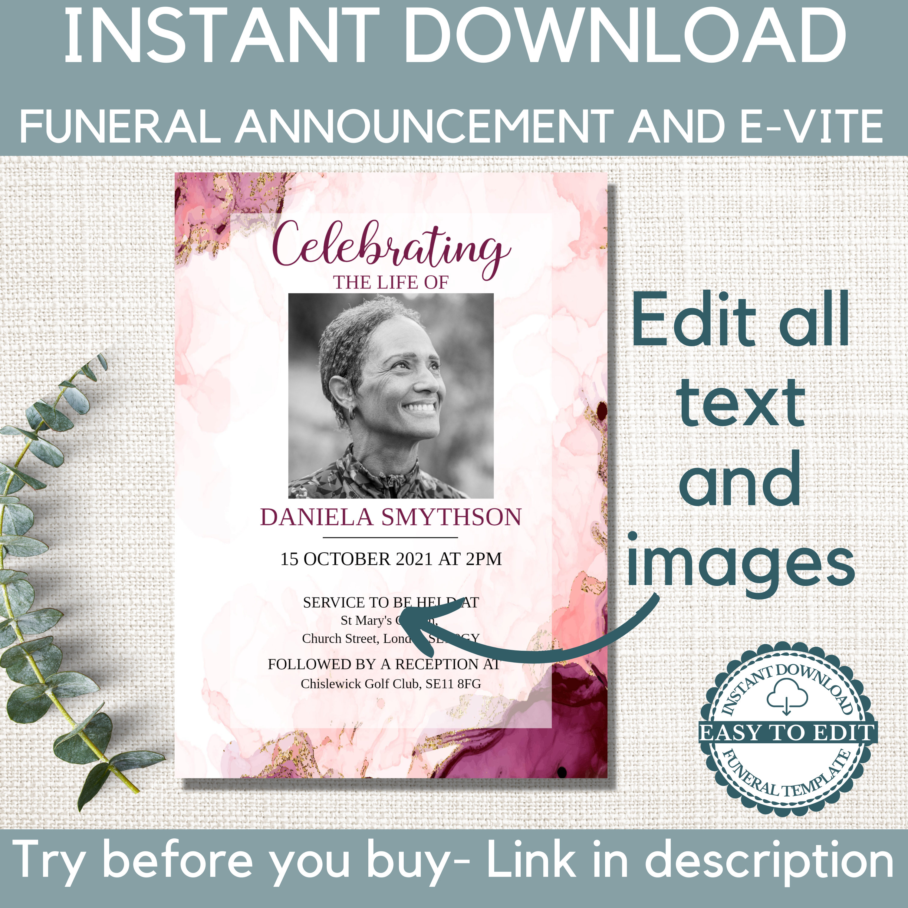 Funeral Announcement Template. Celebration of Life Funeral Evite ...