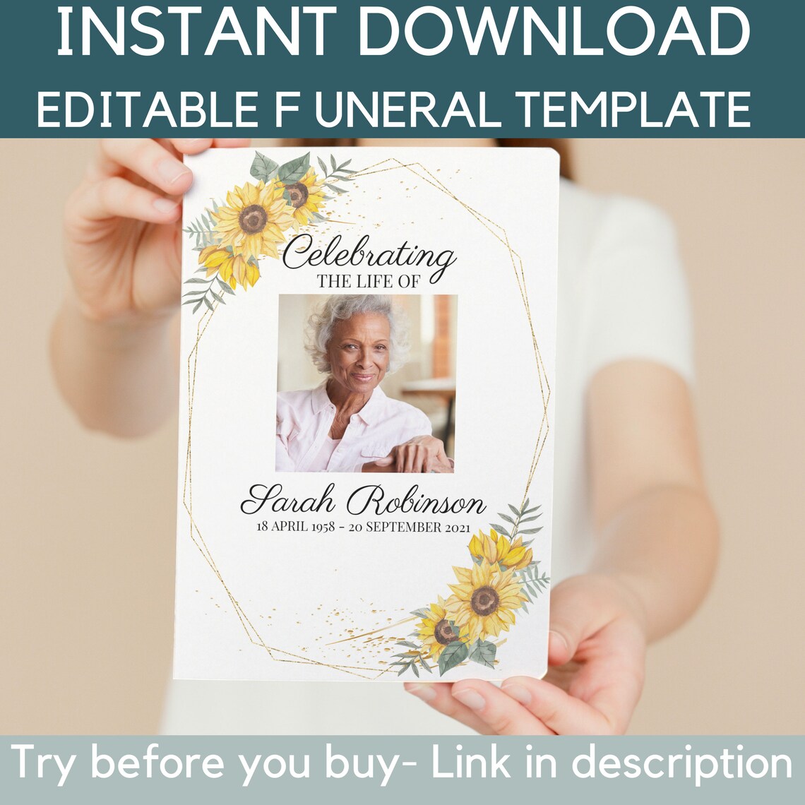 Editable Funeral Program Template, Sunflower Funeral. in Loving Memory ...