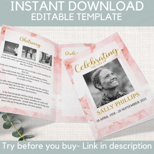 Editable Funeral Template PINK, Modern Funeral for Woman, Celebration ...